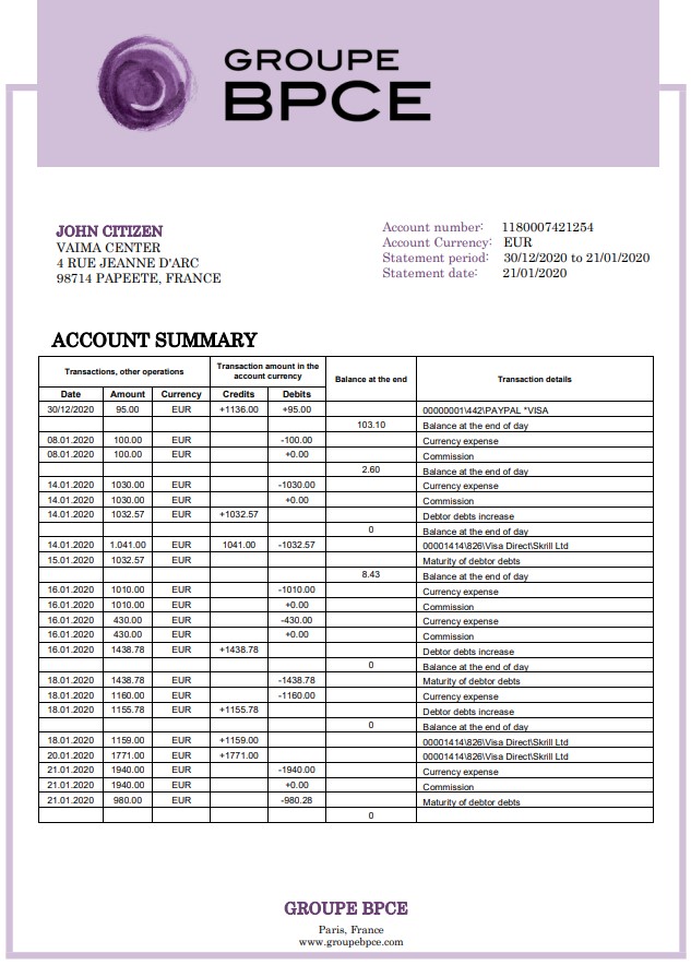 France Groupe Bpce Bank Statement Template (100% Free) - BankStatements.net