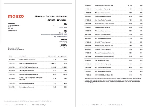 Uk Monzo Bank Account Statement 2 Pages Template (100% Free ...