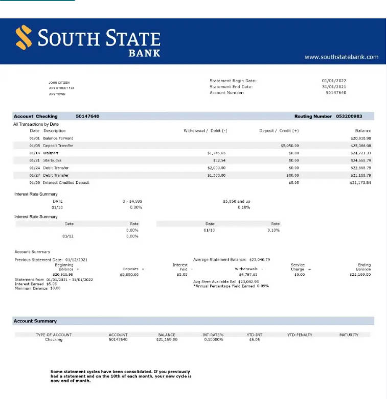 South State Bank Statement Template (100% Free) - BankStatements.net