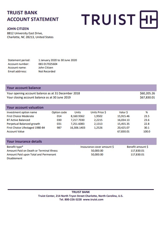 Truist bank st Template (100% Free) - BankStatements.net